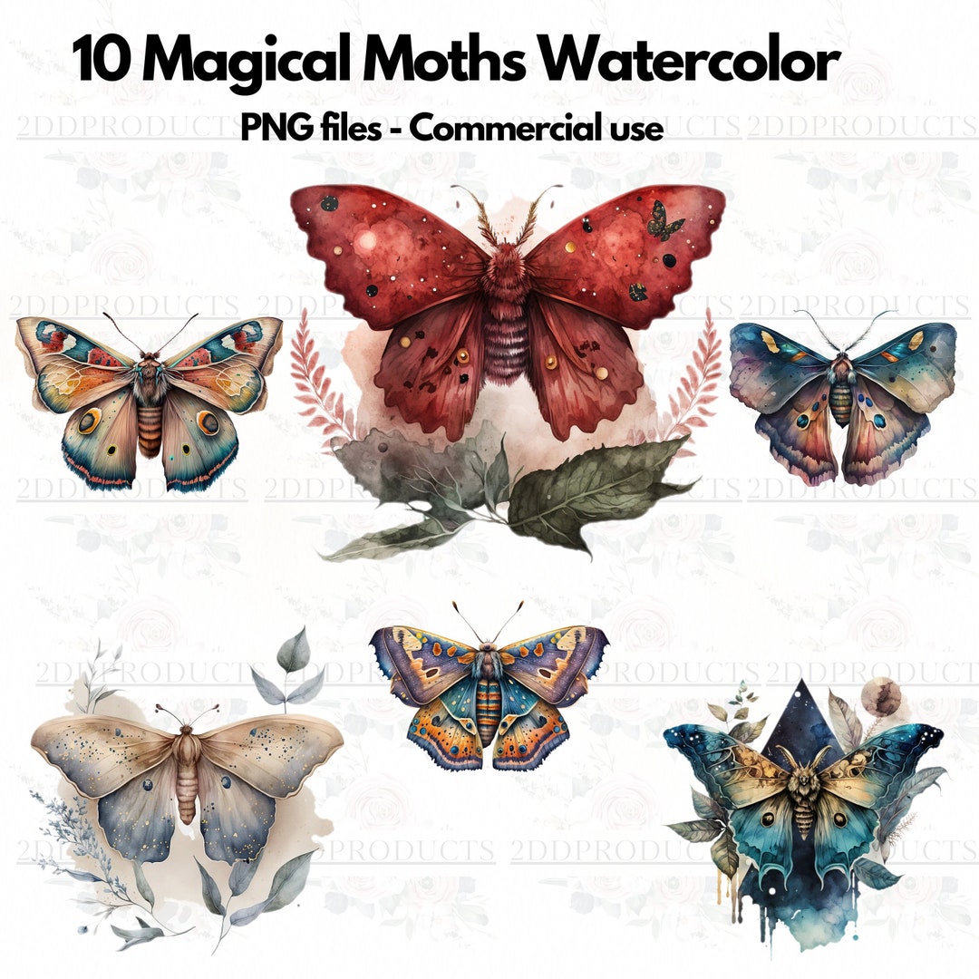 10 Magical Moths Watercolor Clipart, Moths Fantasy Style, Magical ...