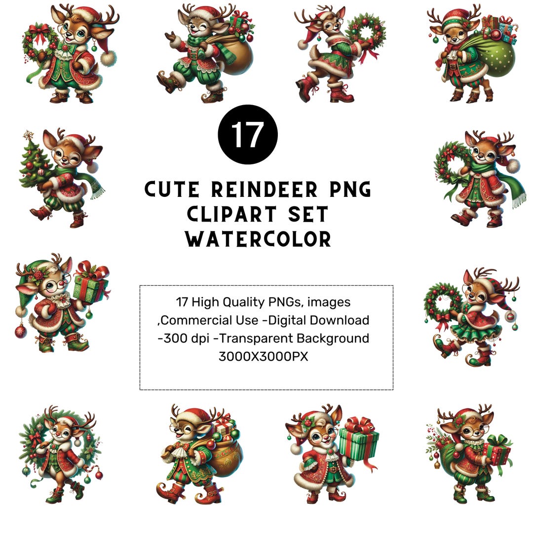 17 Cute Reindeer PNG Clipart Set, Christmas Deer, Watercolor Santa ...