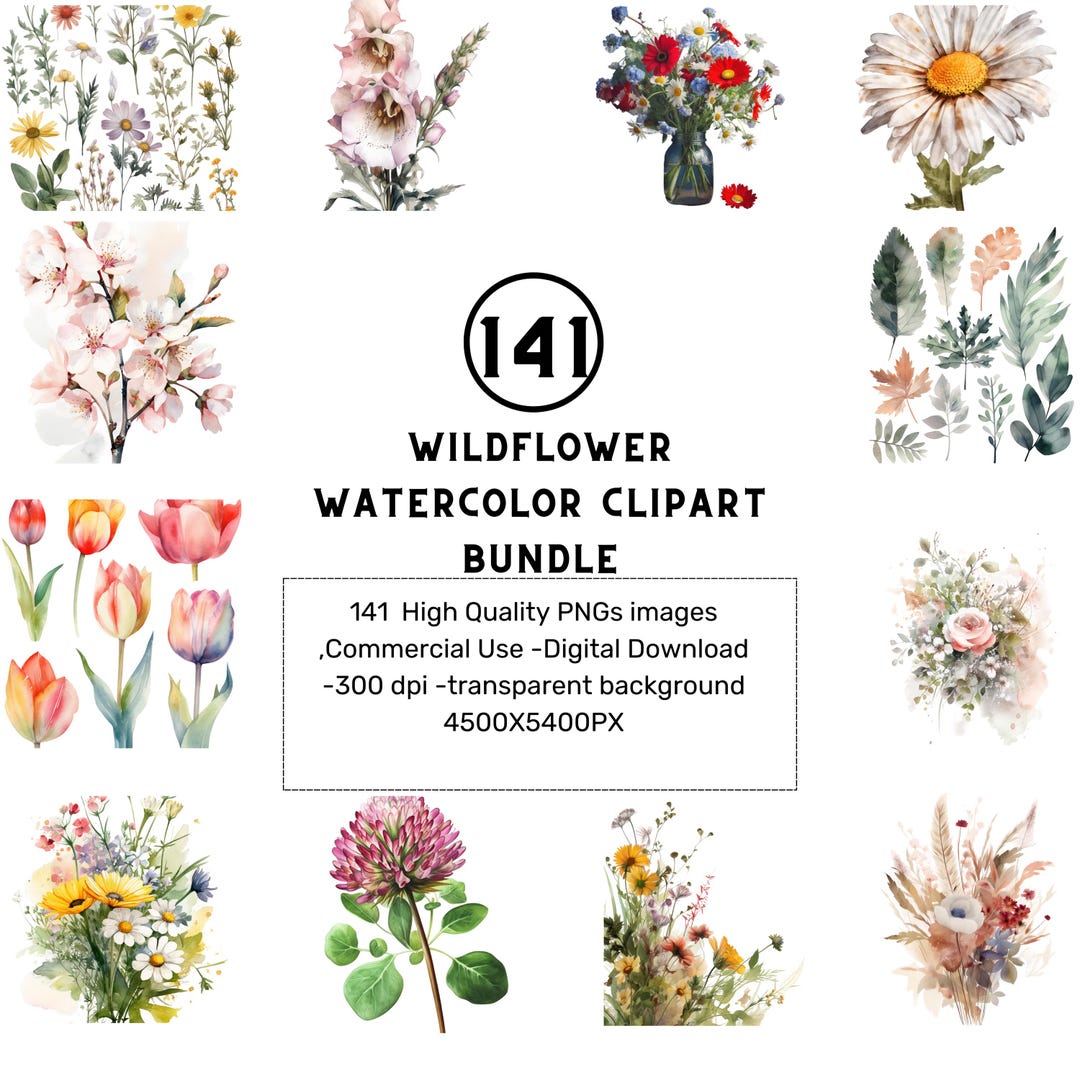 141 Wildflower Watercolor Clipart Bundle - Hand-painted Floral Pngs for ...