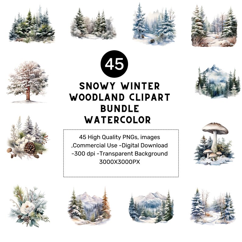 45 Watercolor Winter Woodland Landscape Clipart Bundle, Winter Forest ...