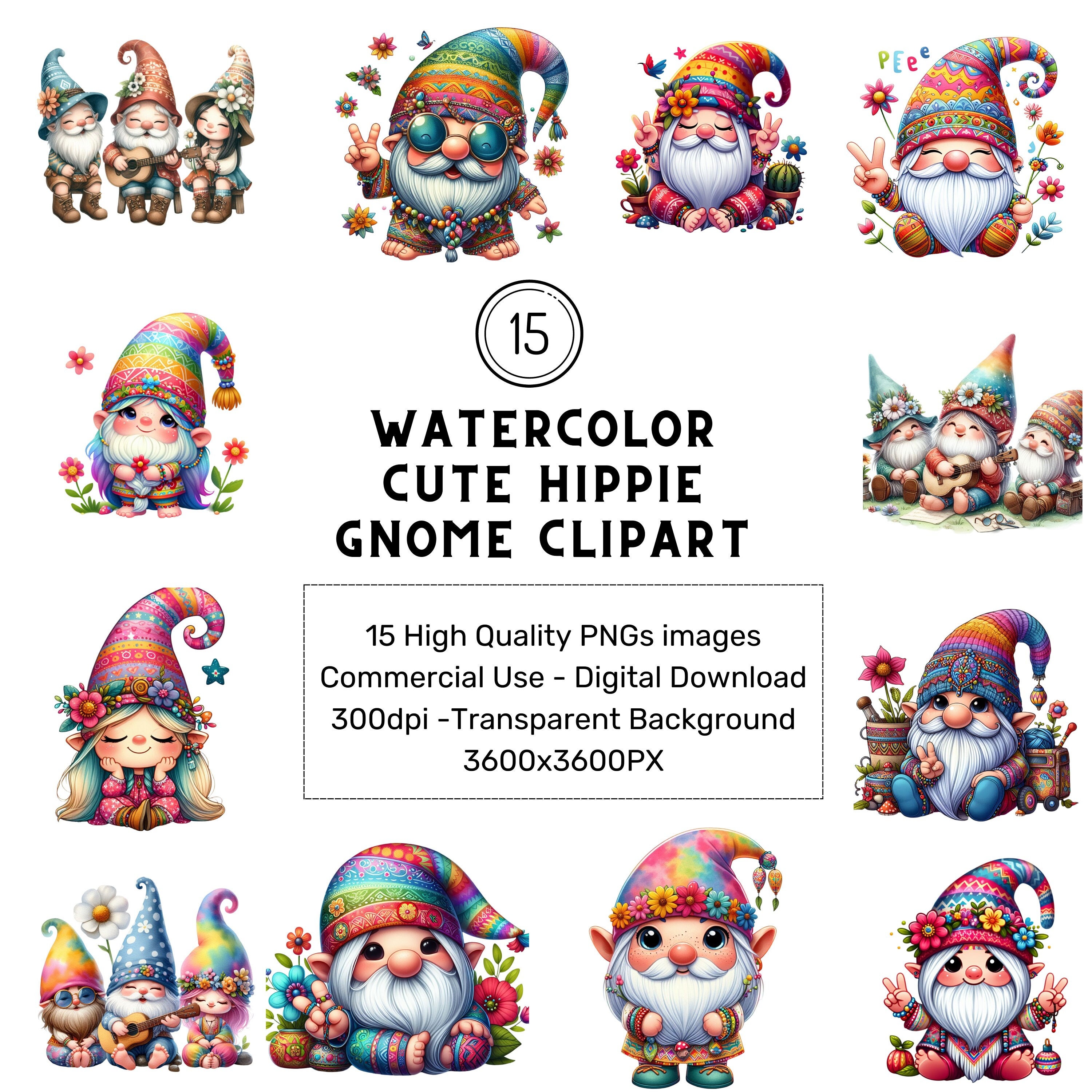 15 Hippie Gnome Watercolor Clipart, Gnome Clipart PNG, Fantasy Gnome ...