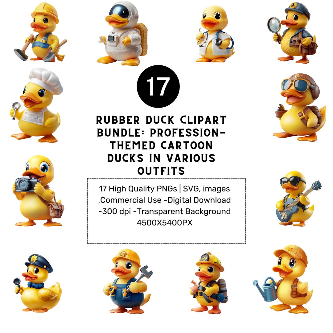 17 Png & Svg Rubber Duck Clipart Bundle: Profession-themed Cartoon ...