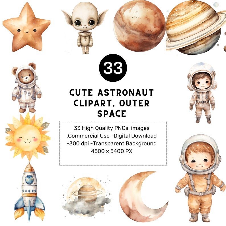 33 Watercolor Astronaut Clipart PNG, Cute Outer Space Clipart, Universe ...