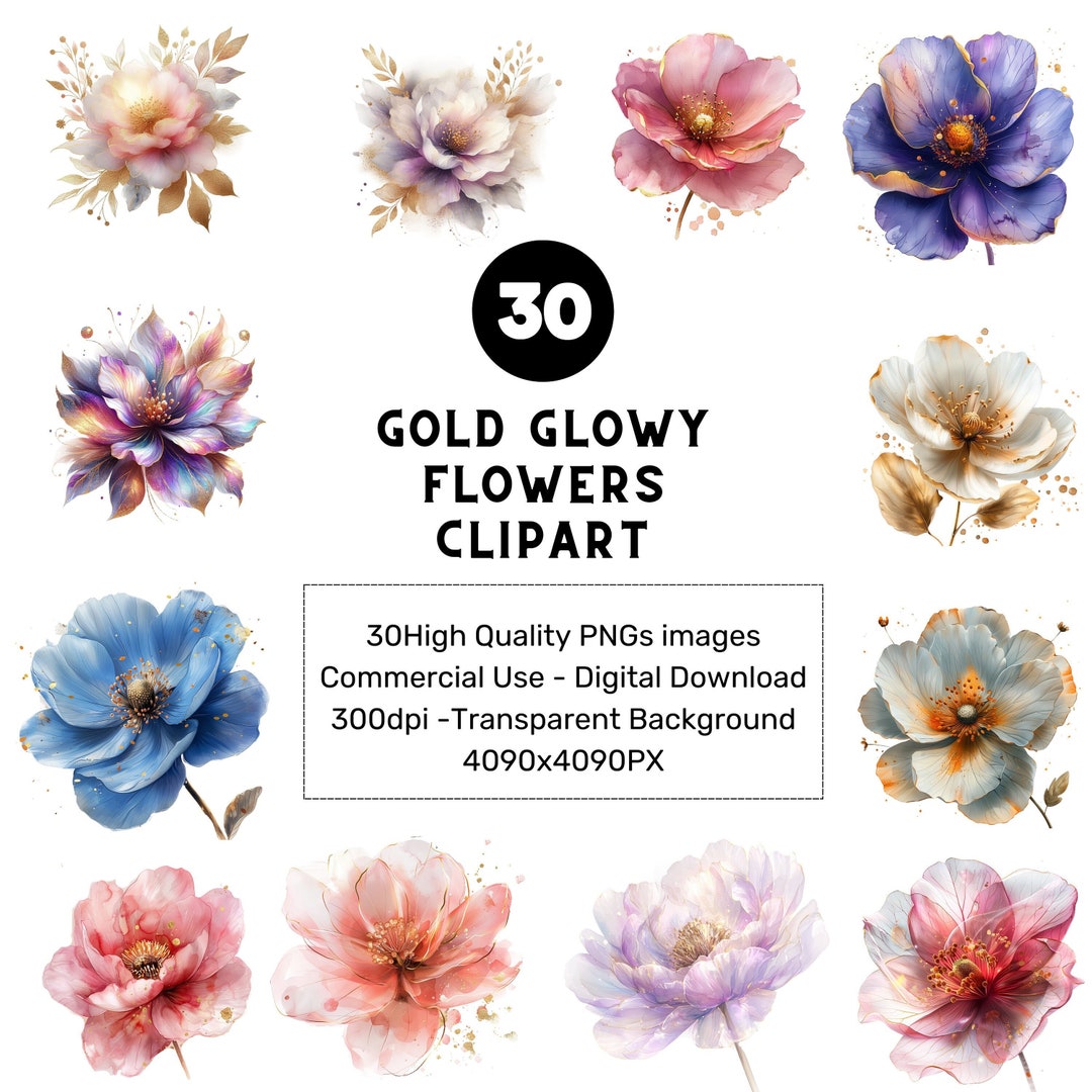 30 Watercolor Abstract Gold Flowers Clipart Bundle, Flowers Print ...