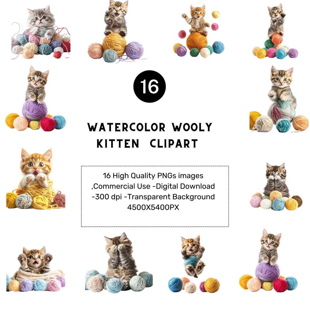 16 Wooly Kitten Clipart, Cute Cats and Yarn Balls, Funny Digital ...