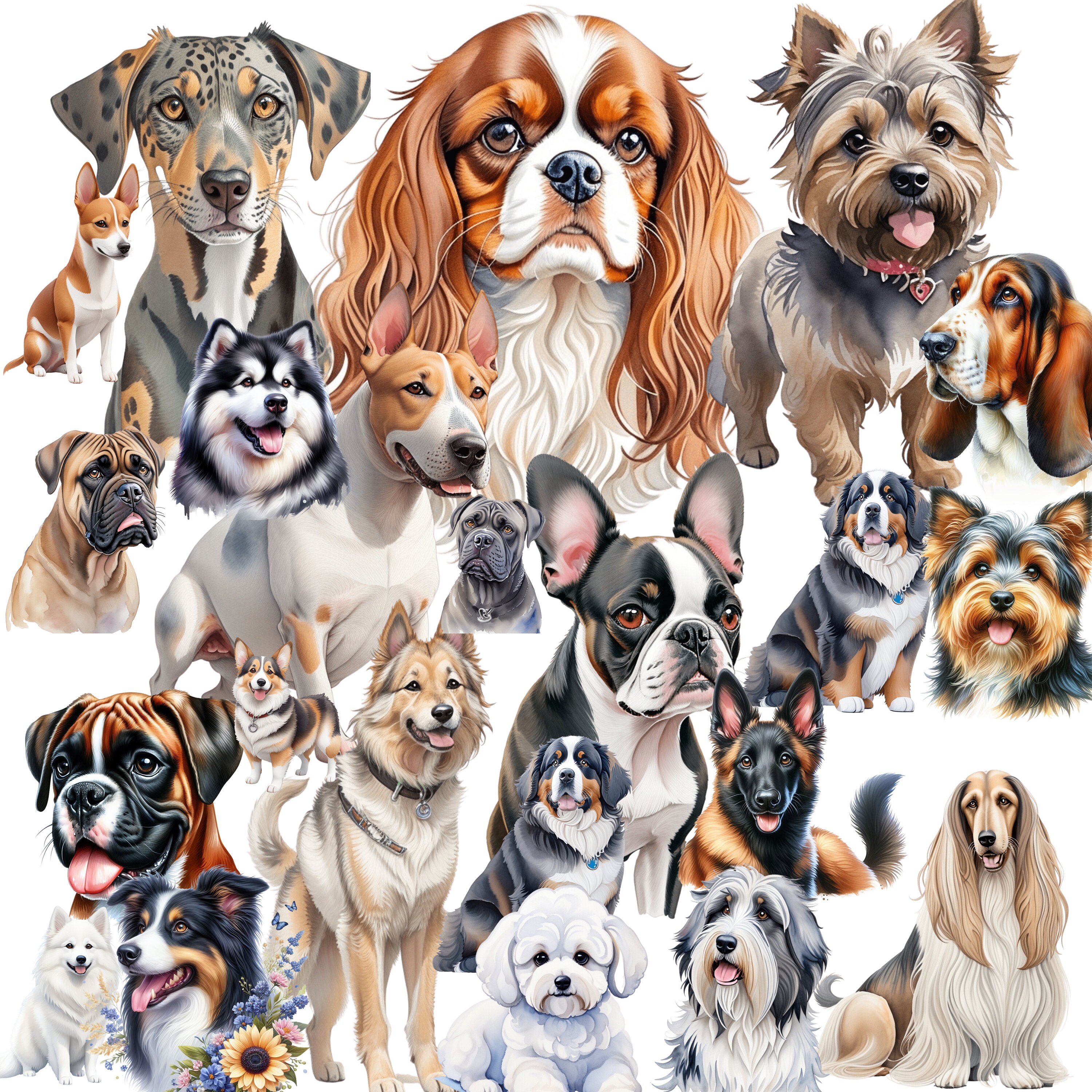 100 Dog Breeds Clipart Bundle, 101 PNG, Pet, German Shepherd, French ...