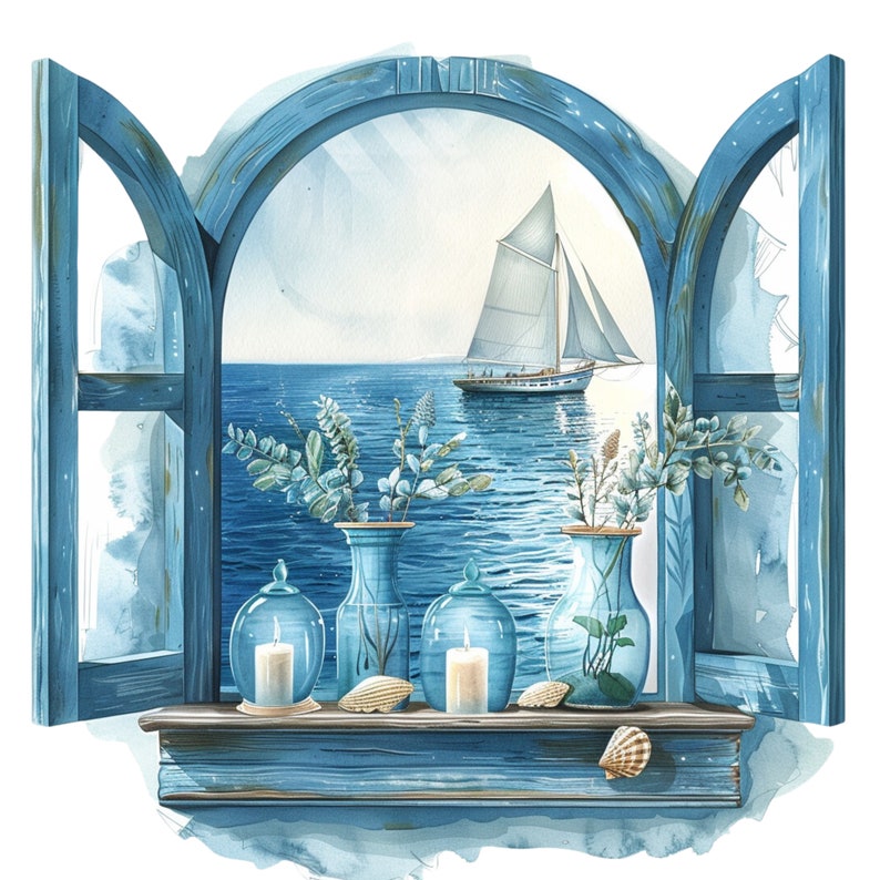 16 Vintage Nautical Window Clipart, Window to Sea Clipart, Printable ...