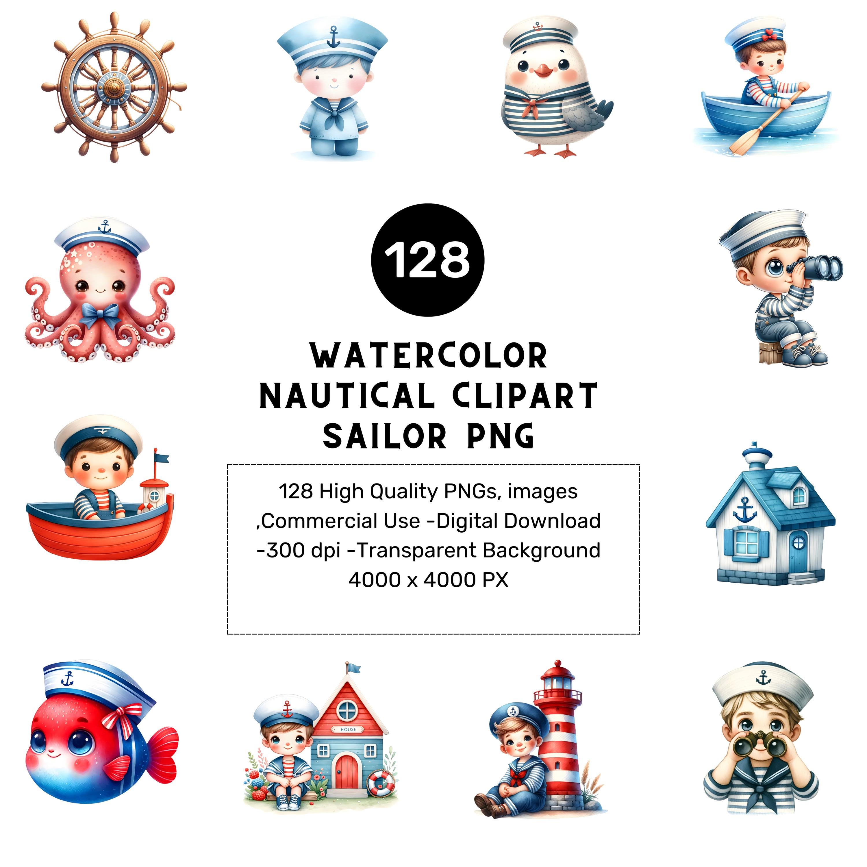 128 Pngs Watercolor Nautical Clipart Bundle - Digital PNG Graphics for ...