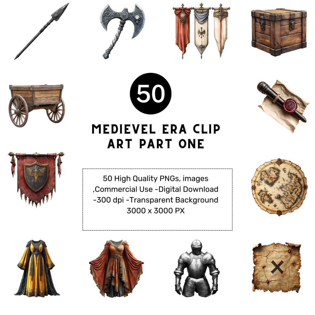 50pngs Medieval Life Clip Art Set, Medieval Life Illustrations, Knights ...
