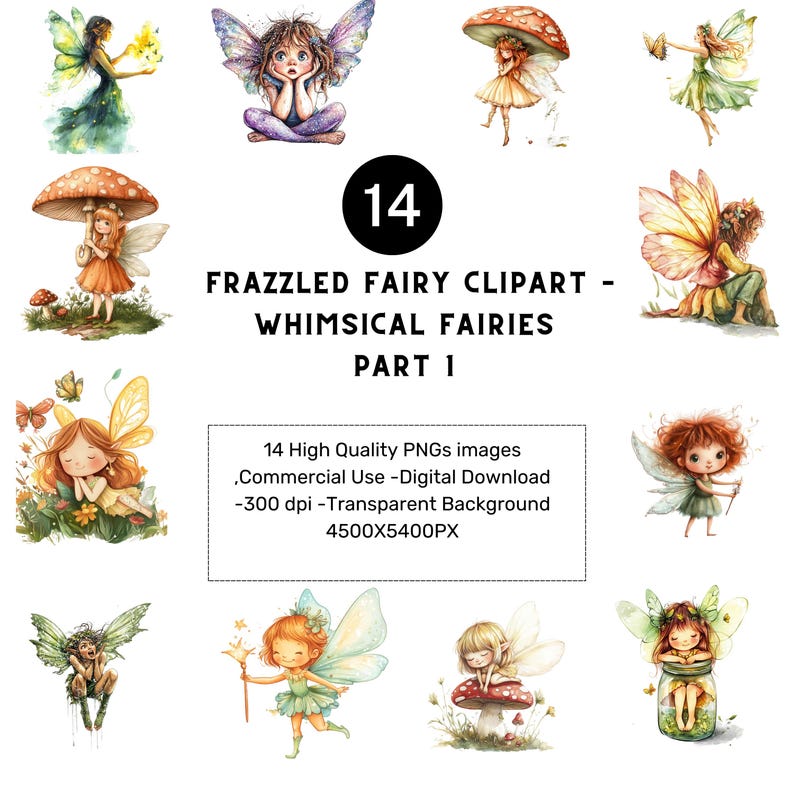 14 Frazzled Fairy Clipart – Whimsical Fairies PNG, Printable Watercolor ...