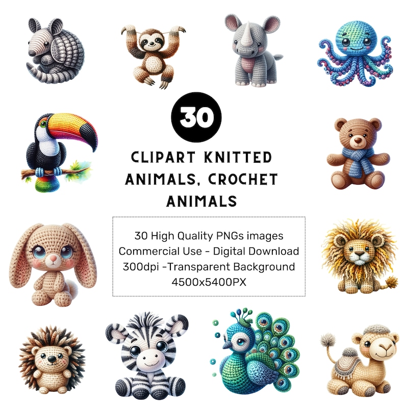 Clipart Knitted Animals, Crochet Animals, 30 High Quality PNG Files ...