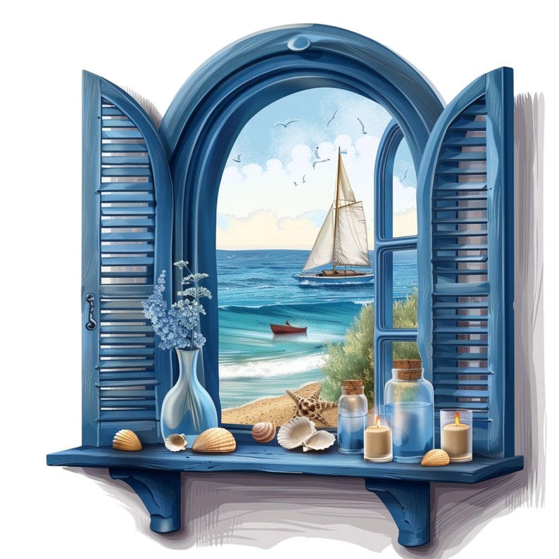 16 Vintage Nautical Window Clipart, Window to Sea Clipart, Printable ...