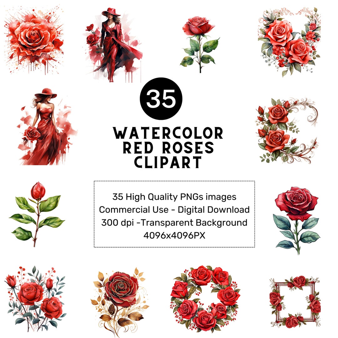 35 Red Roses Clipart , Flowers Print, Printable Watercolor Clipart ...