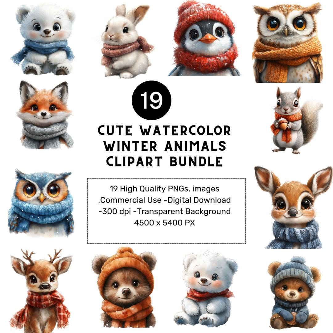 19 Pngs Cute Watercolor Winter Animals Clipart Bundle, Baby Animal ...