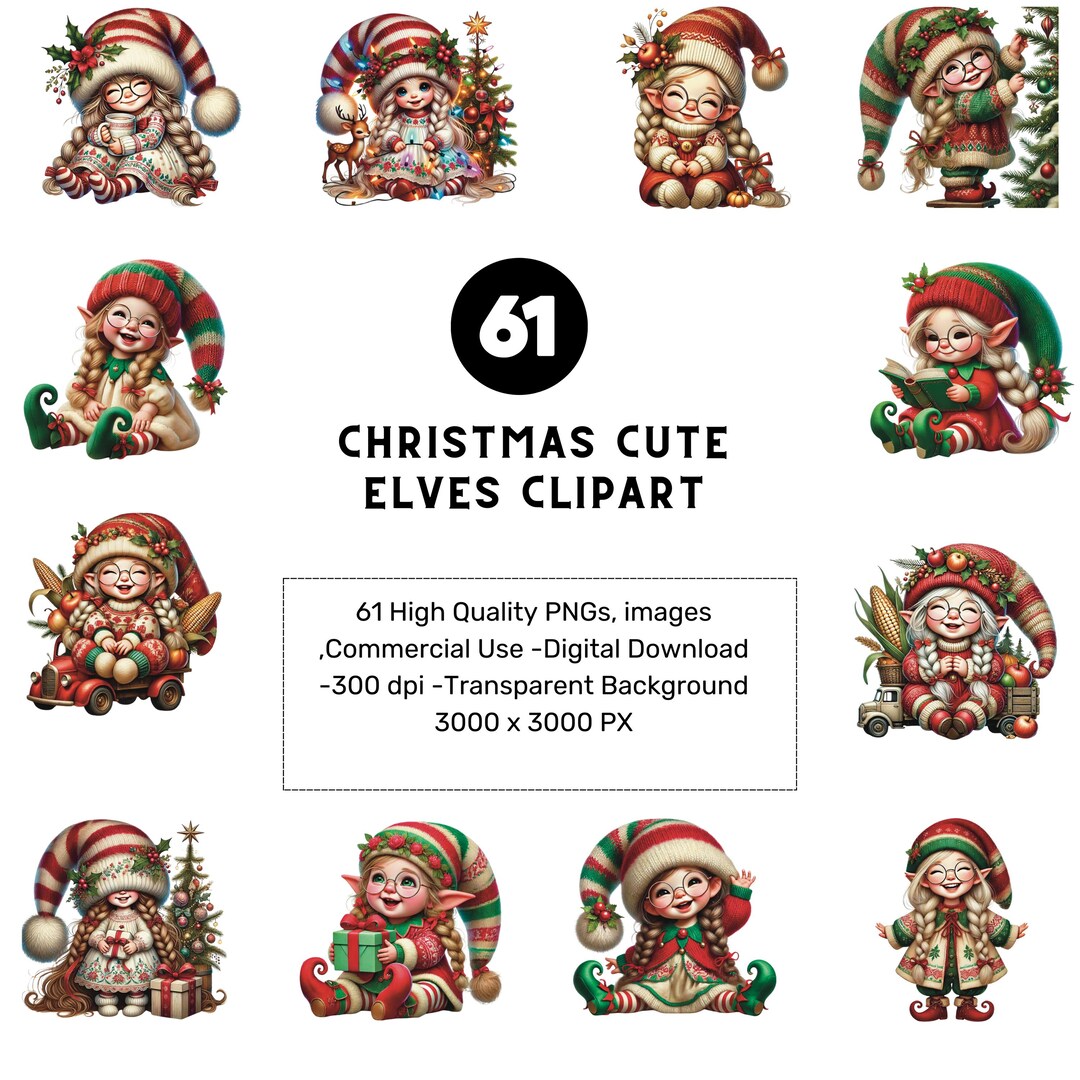 61 Pngs Christmas Elves Watercolor Clipart, Santa's Helpers, Winter ...