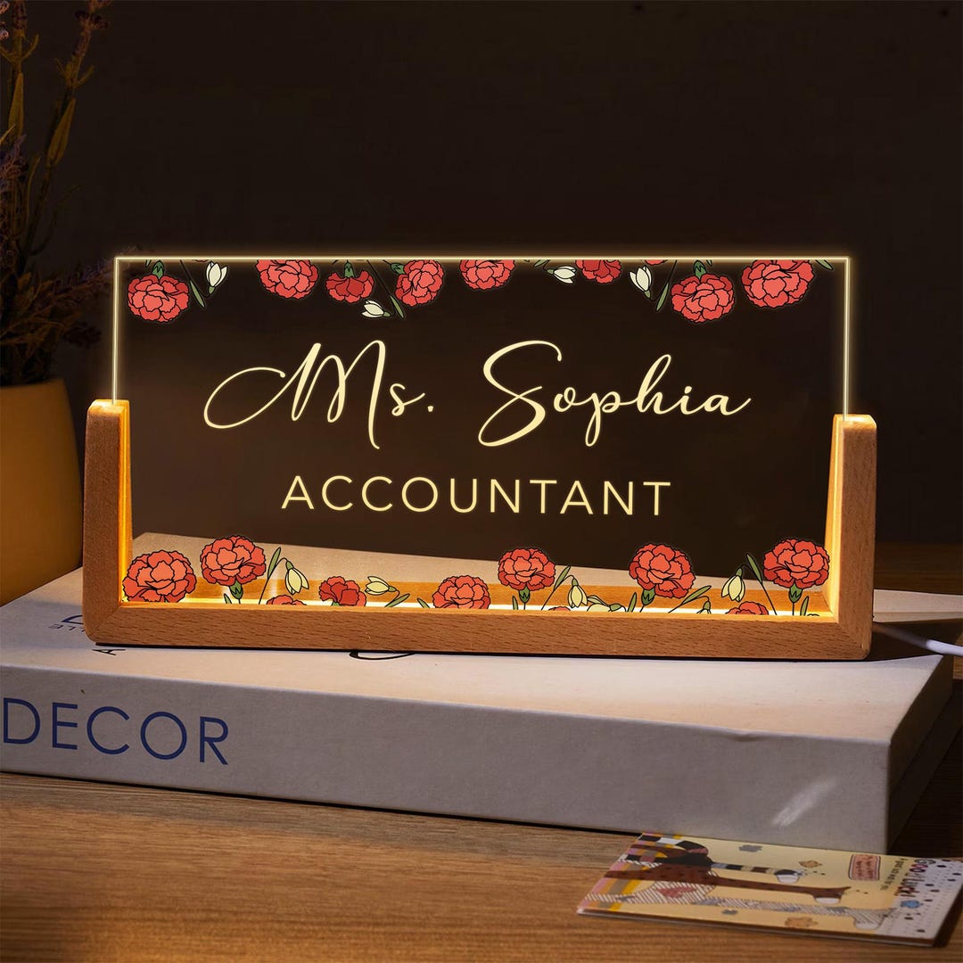 Personalized Name Desk Plate, Custom Desk Name Plate, Birth Flower Desk ...