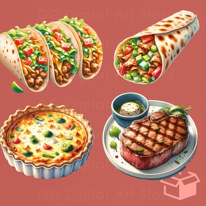 Delicious Food Clipart, Watercolor Food Clipart Set- Perfect for Menu ...