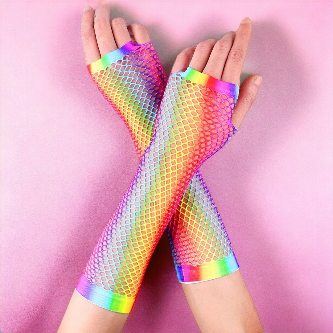 Rainbow Gradient Fishnet Gloes Pride Gloves LGBTQ Long Gloves LGBT Arm ...