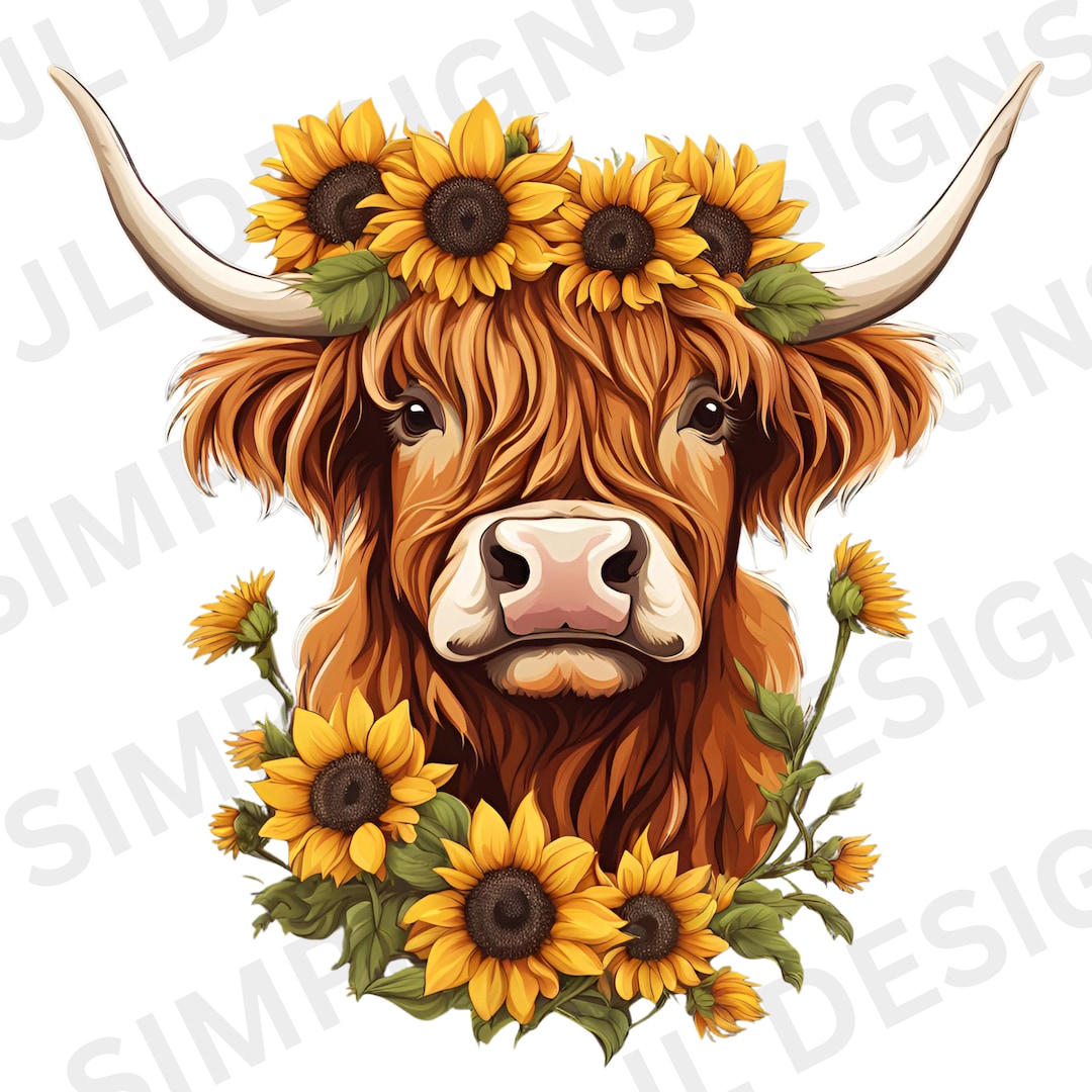 Highland Cow Sunflowers Png, Highland Cow Sunflowers Sublimation ...