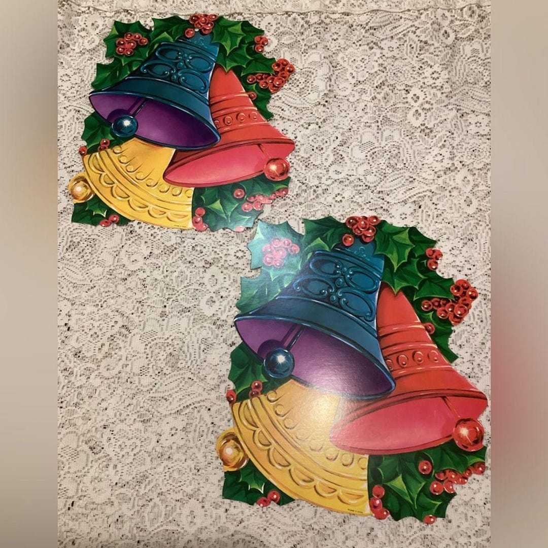 Vintage Colorful Holiday Bell Die Cut Cardboard Window Decorations ...