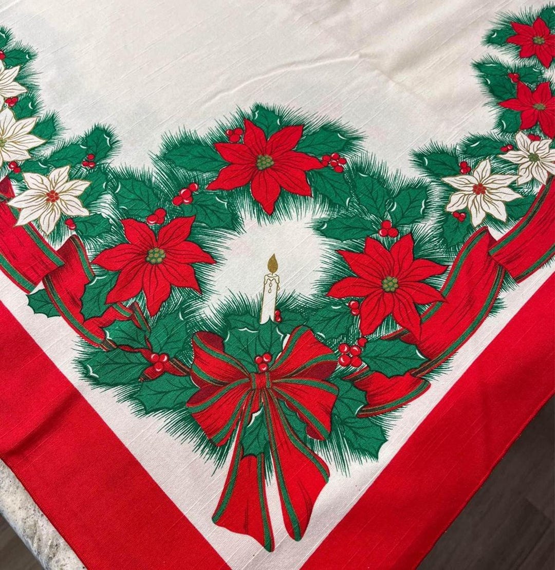Vintage Christmas Holly Holiday Rectangular Cloth Tablecloth 102” X 60 ...