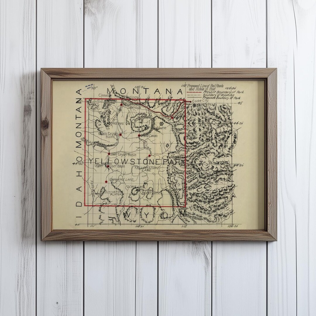 Vintage Yellowstone National Park Railway Map | Antique Hand-drawn Montana Wyoming Idaho ...