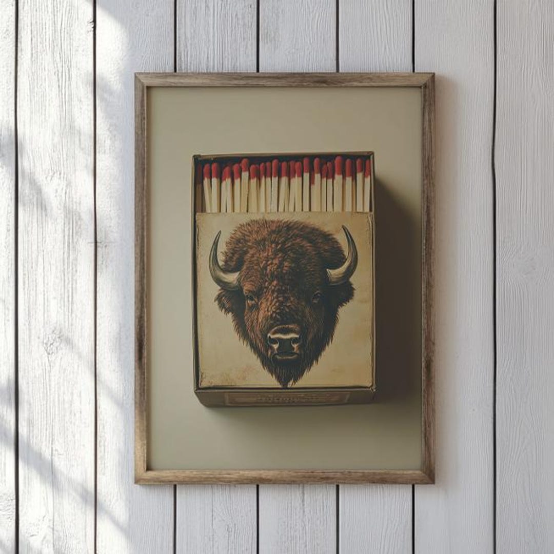 Vintage Buffalo Matchbox Wall Art Print Bison Home Decor Rustic ...