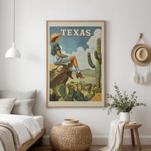 Retro Texas Travel Poster: Vintage Cowgirl Desert Art - Etsy