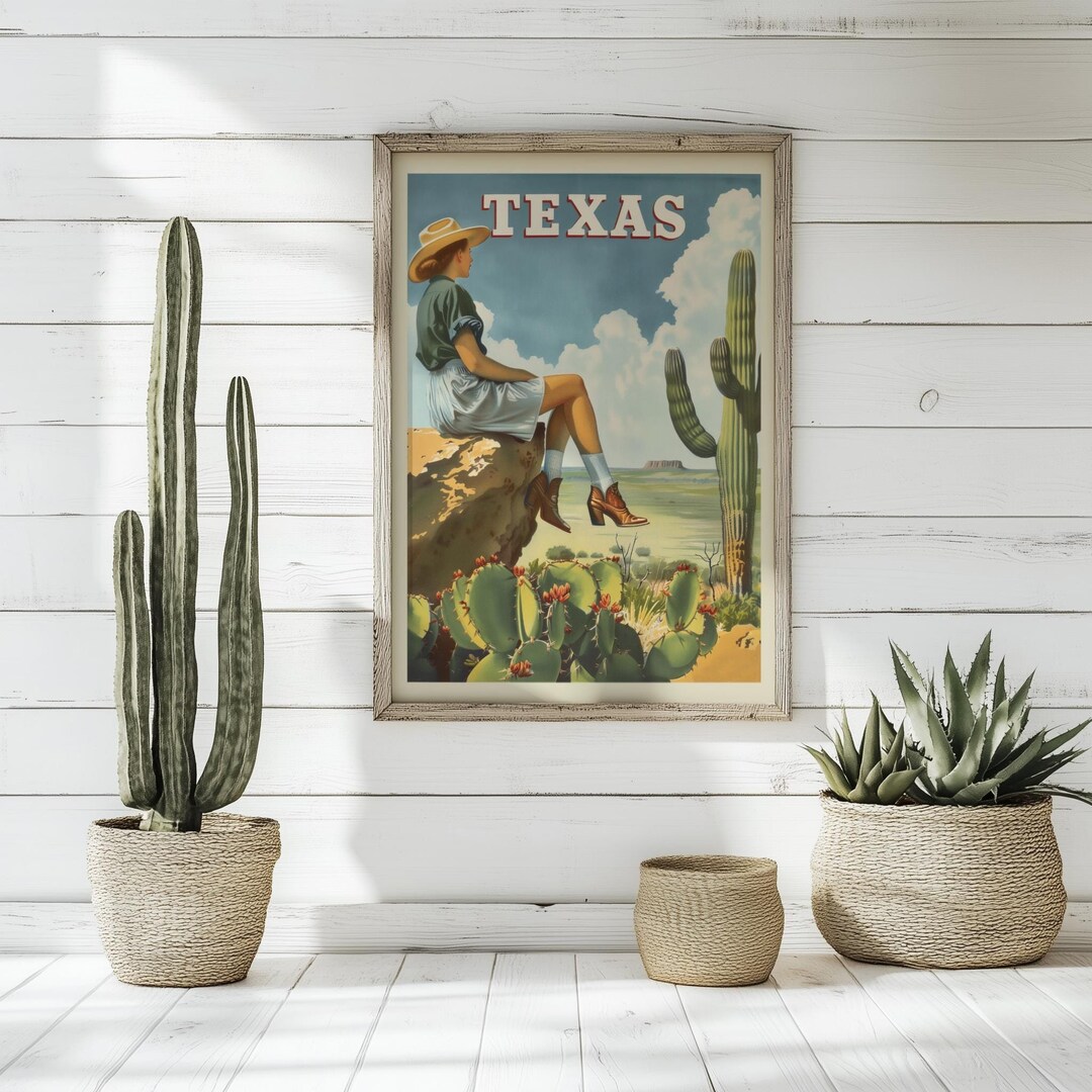 Retro Texas Travel Poster: Vintage Cowgirl Desert Art - Etsy
