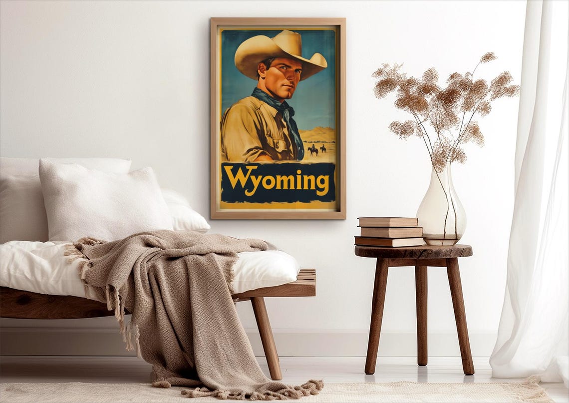 Retro Wyoming Travel Poster Vintage Cowboy State Illustration, Western ...