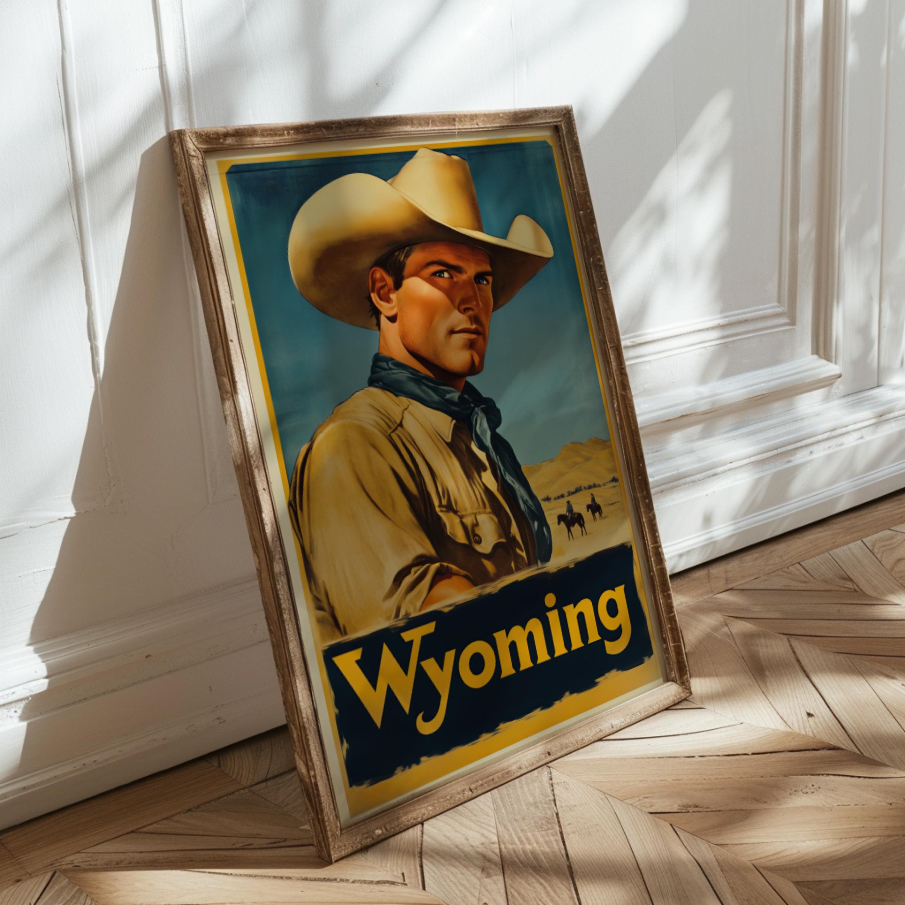 Retro Wyoming Travel Poster Vintage Cowboy State Illustration, Western ...