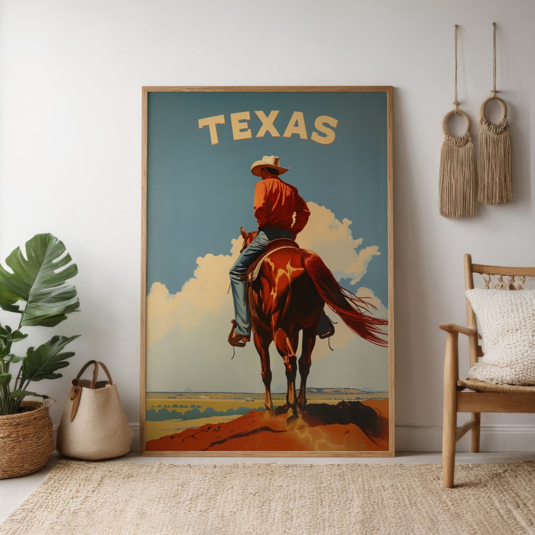 Retro Texas Travel Poster, Western Decor, Texas Artwork, Texas Wall Art ...