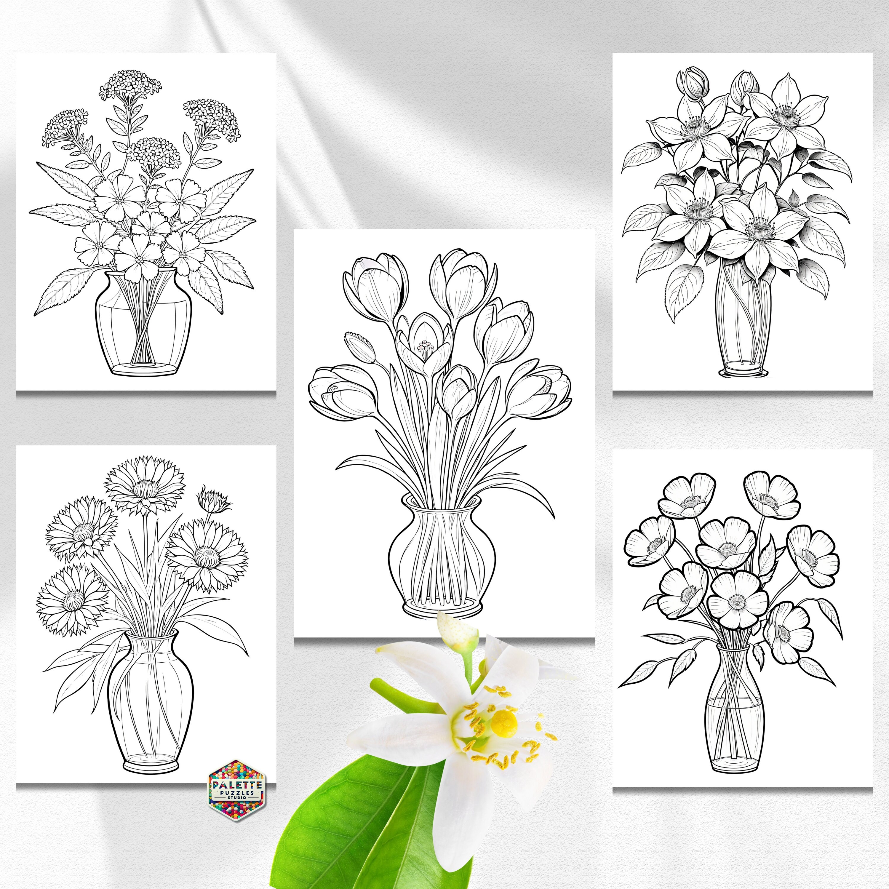 30 Elegant Flower Coloring Pages for Adults & Kids Greyscale Digital ...
