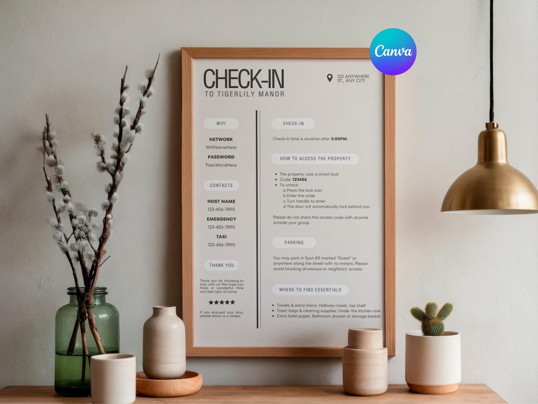 Editable Check in Instructions Template | Airbnb Check in Sign ...