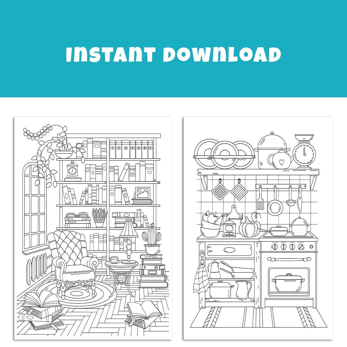 4 Coloring Pages to Print. for Children and Adults - Kitchen, Bathroom ...