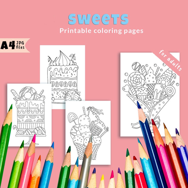 4 Coloring Pages for Children and Adults - Sweets + Present. Coloring ...