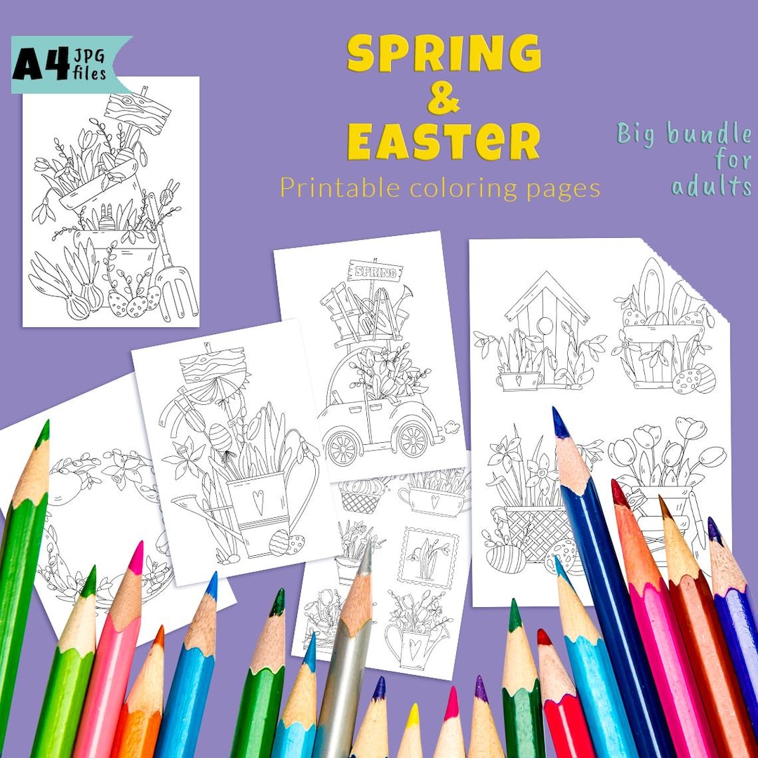 6 Spring Coloring Pages | Easter, Flowers, Garden | JPG Files for Print ...