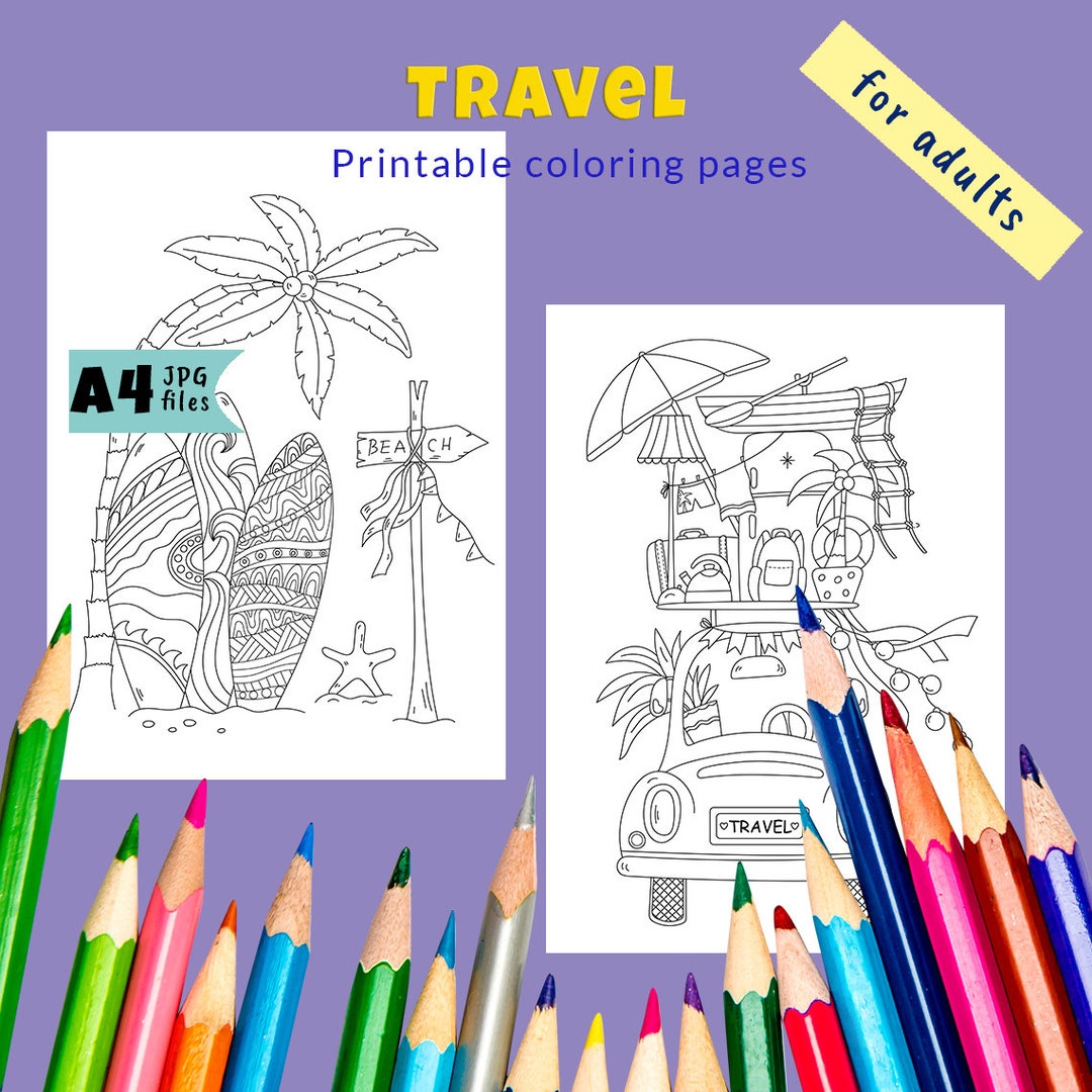 Travel - 2 Coloring Pages for Adults + Present. - Etsy