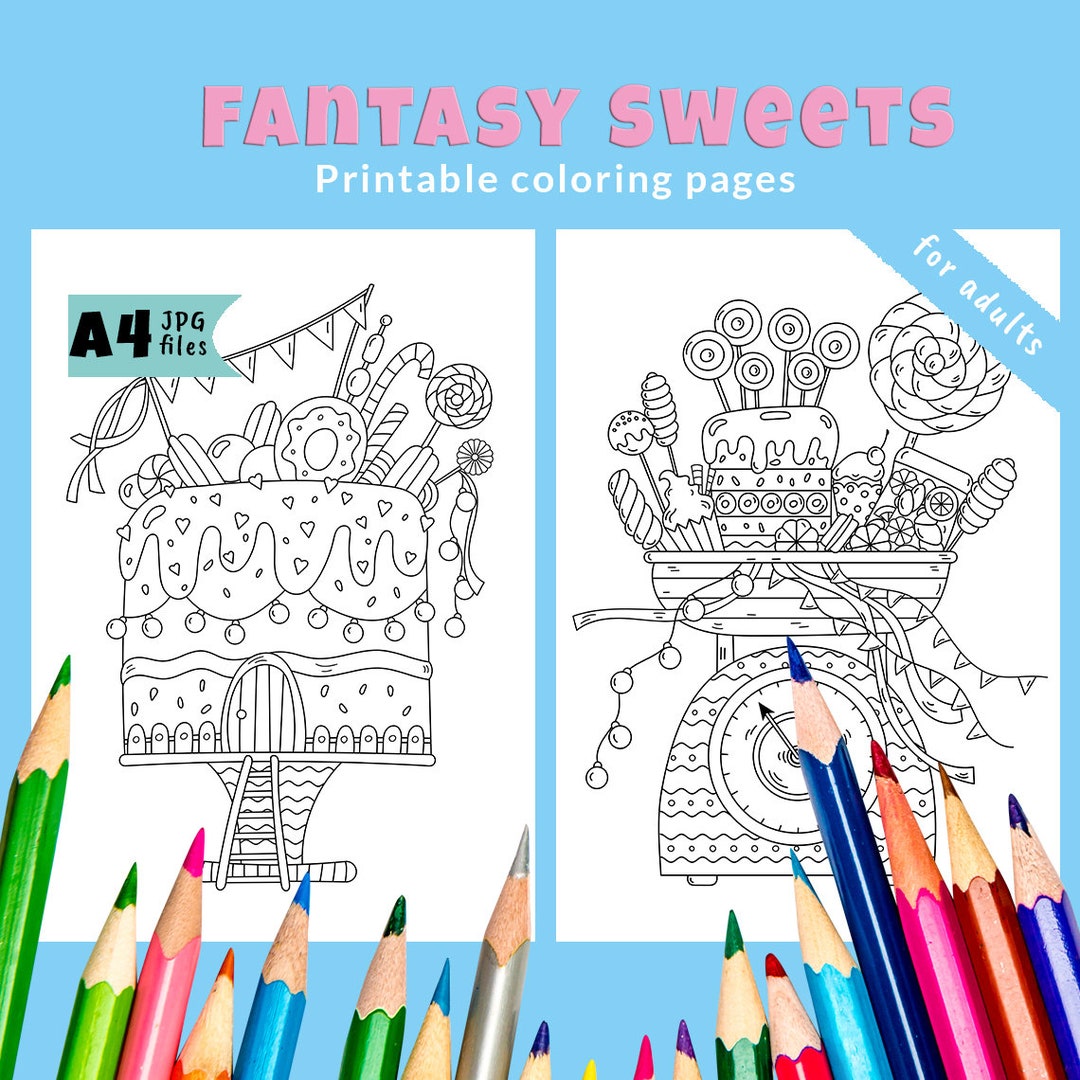 2 Coloring Pages for Children and Adults - Fantasy Sweets + Present ...