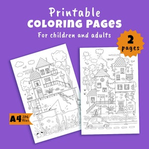 2 Coloring Pages for Children and Adults Cute Houses. Coloring Book ...