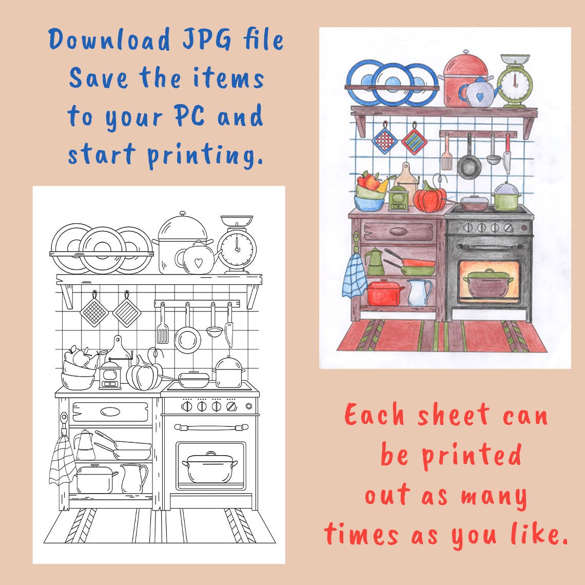 4 Coloring Pages to Print. for Children and Adults - Kitchen, Bathroom ...