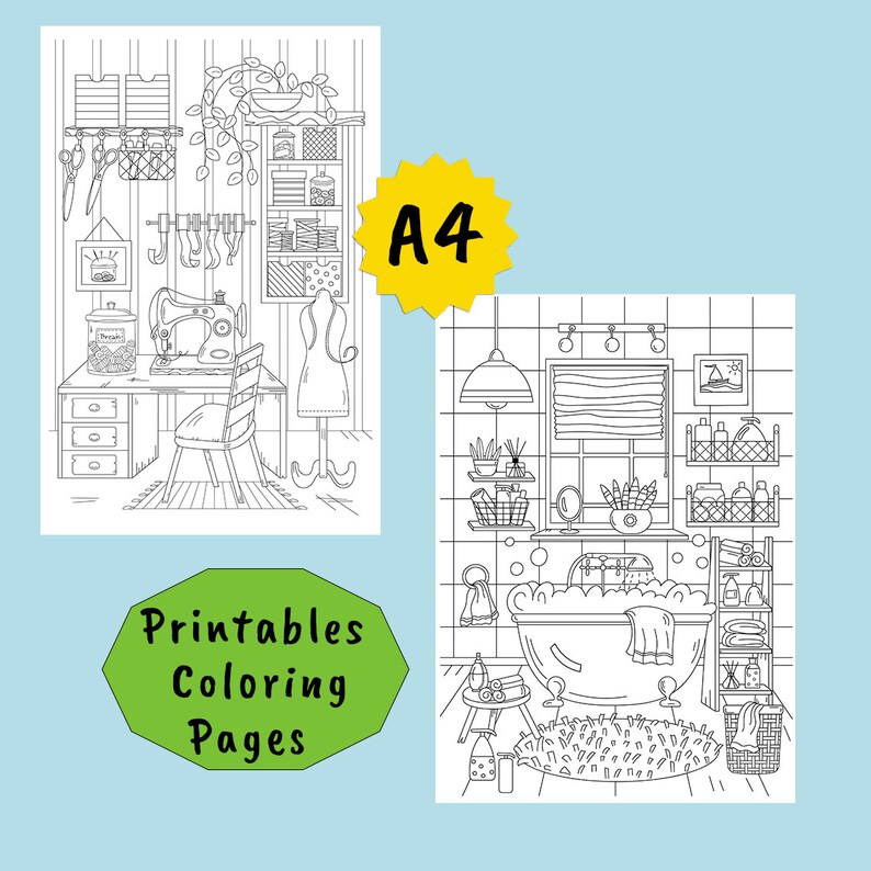 4 Coloring Pages to Print. for Children and Adults Kitchen, Bathroom ...