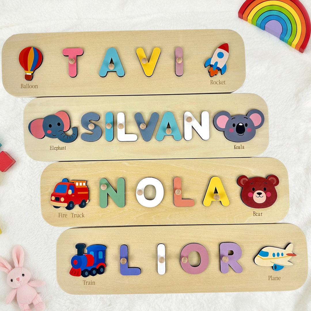 Personalized Wooden Name Puzzles With Animal Elements, 1st Birthday ...
