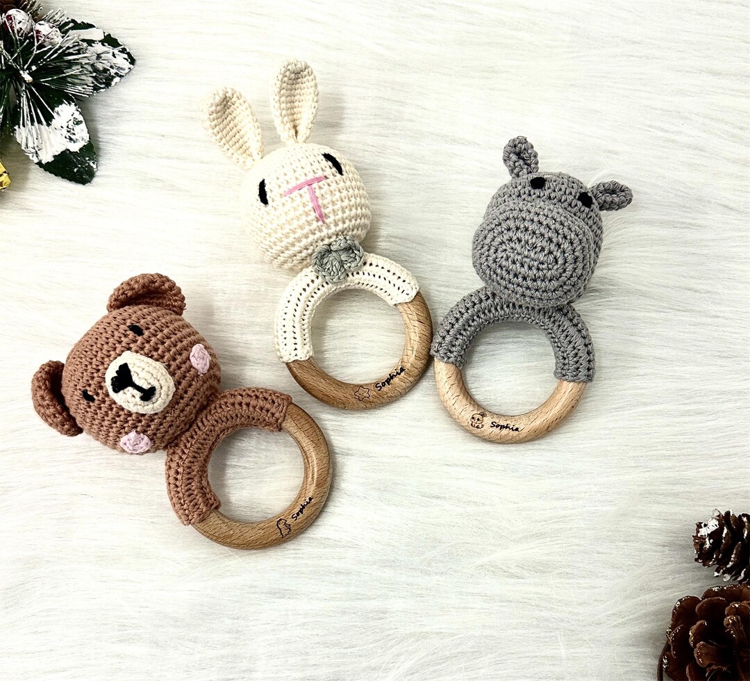 New Custom Animal Crochet Rattle, Personalized Name Wooden Baby Rattle ...