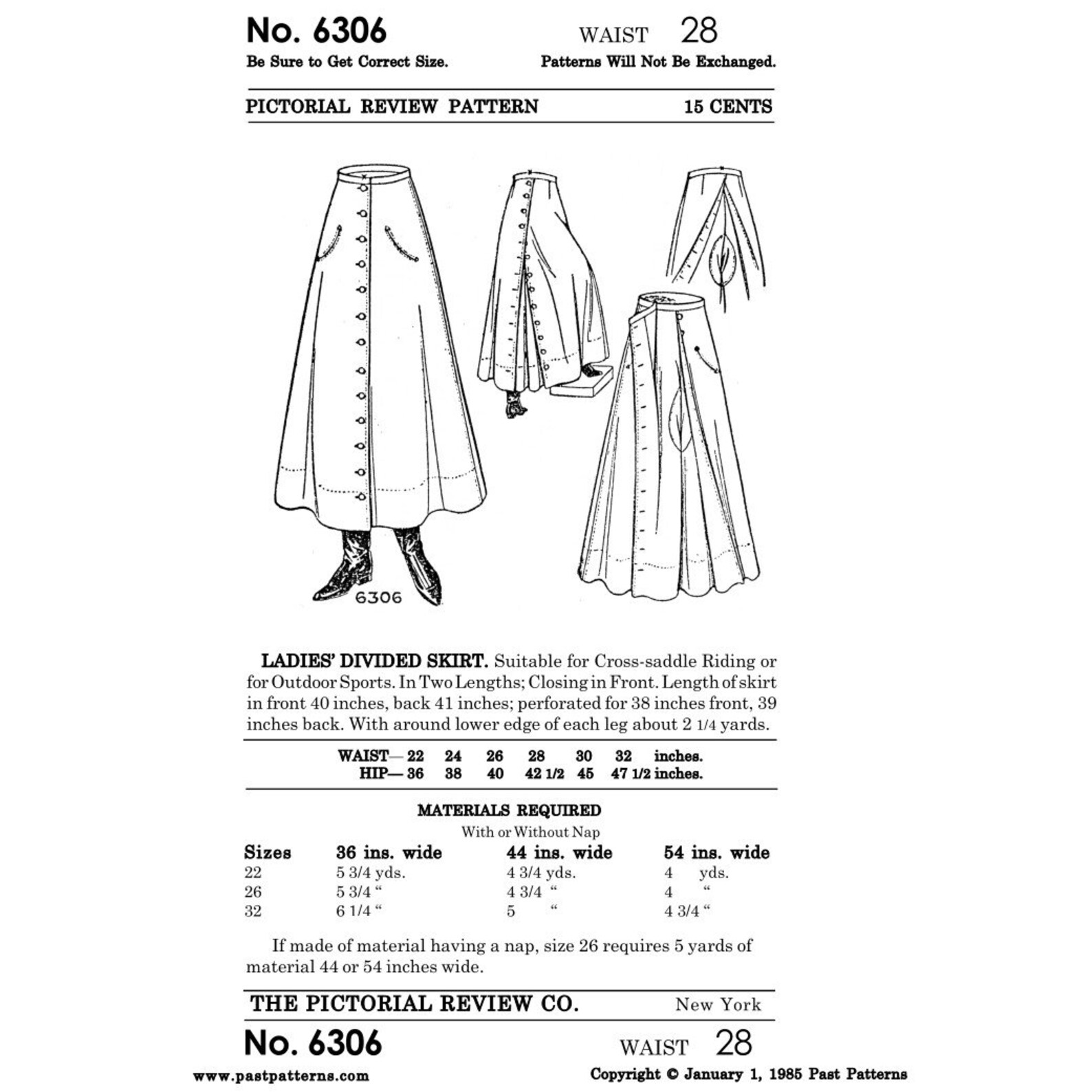 Past Patterns 6306 - Early 1920s Divided Skirt Sewing Pattern Waist 28 ...