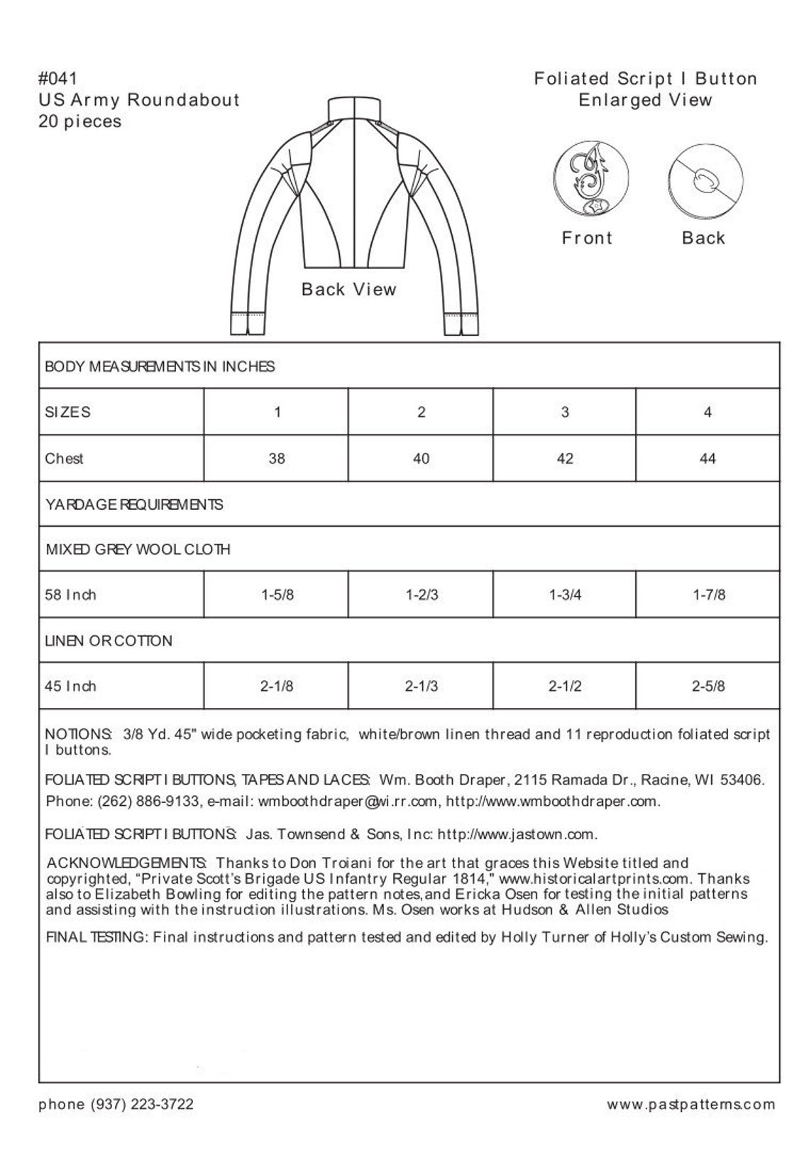 1800s US Army Jacket Sewing Pattern: Roundabout Coat (chest 38-54 ...