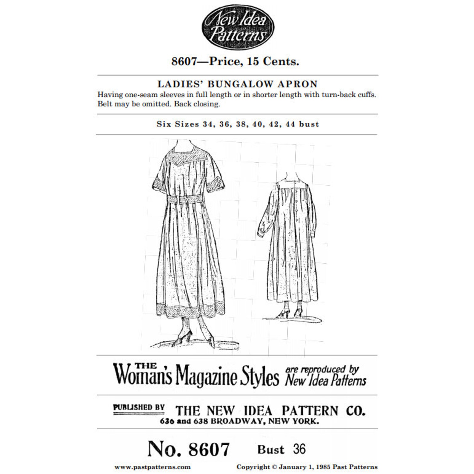 Past Patterns 8607 - Early 20th Century Bungalow Apron Sewing Pattern ...