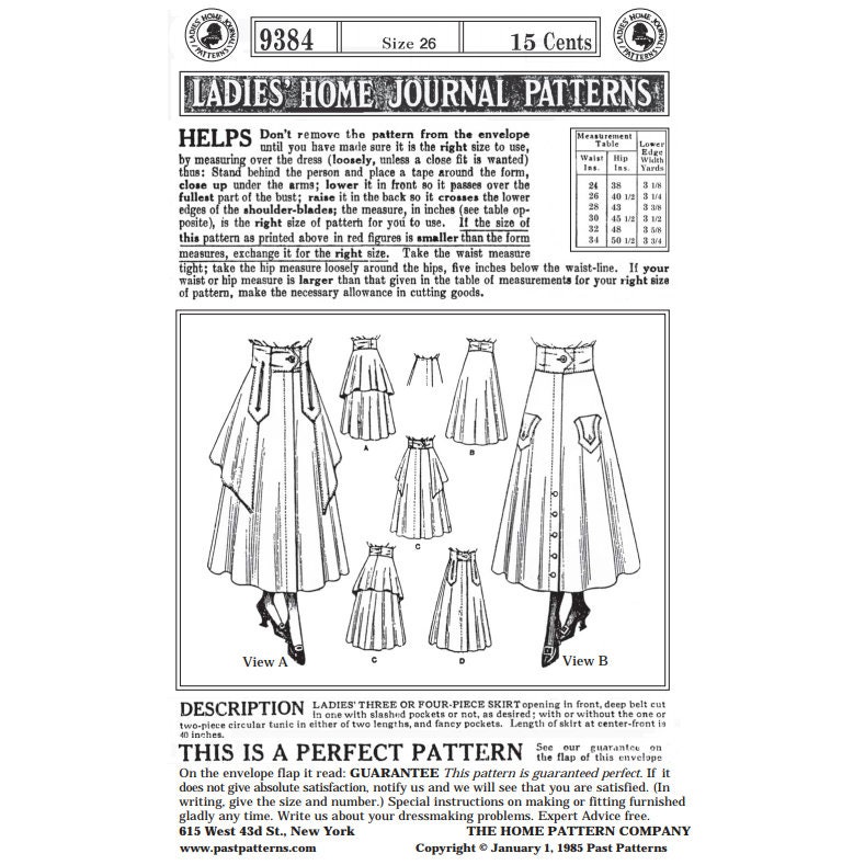 Past Patterns 9384 - Late 1910s Skirt Sewing Pattern Three or Four ...