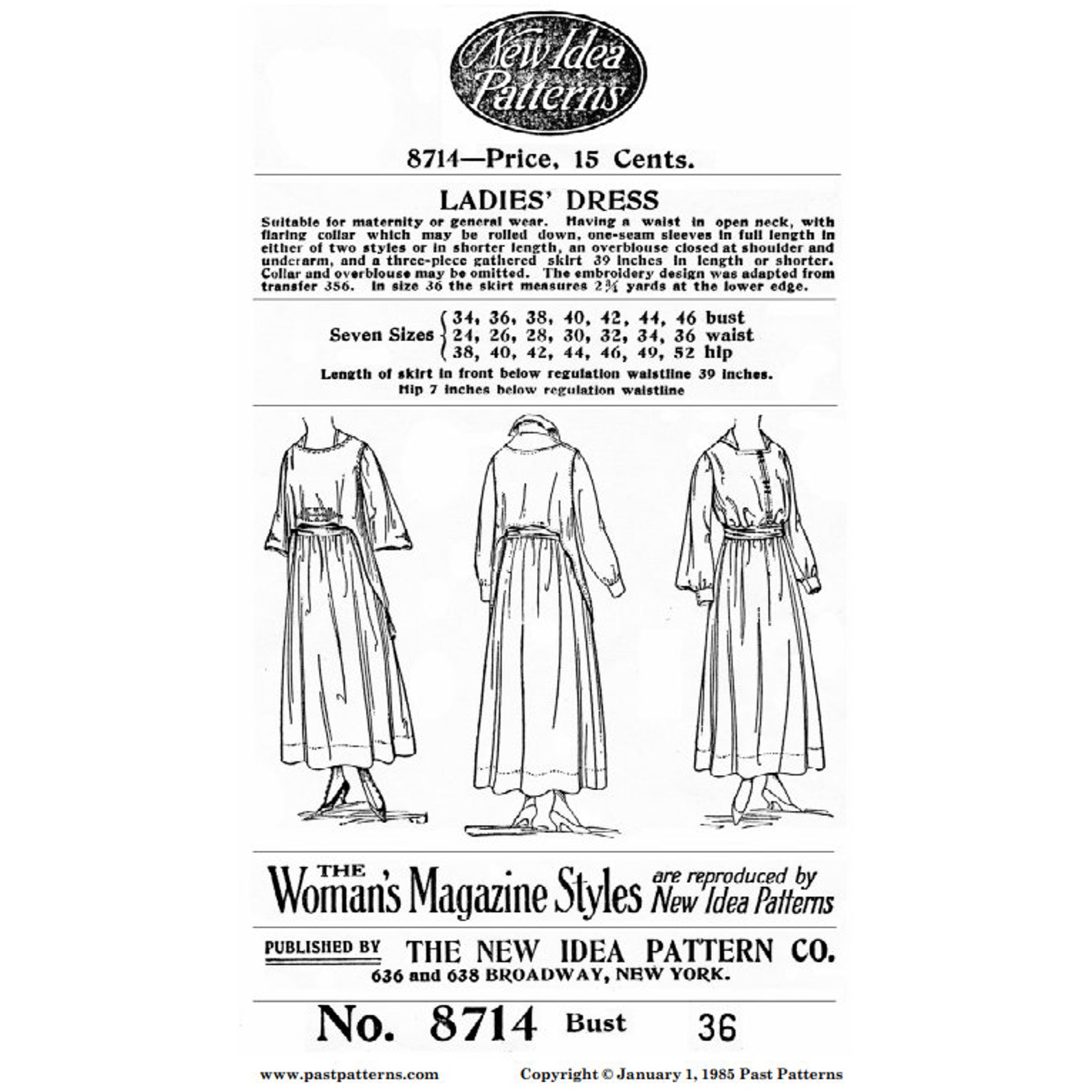 Past Patterns 8714 - Late 1910s Dress Pattern Bust 36 B36 New Idea ...