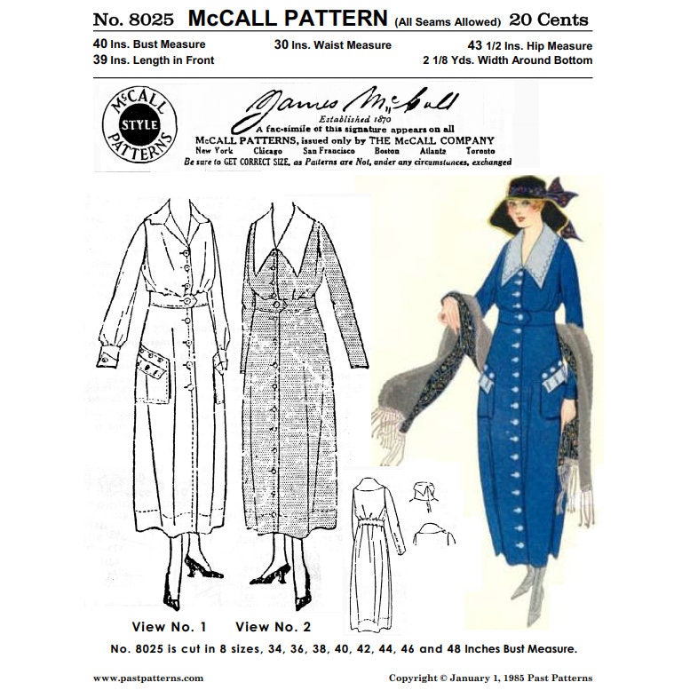 Past Patterns 8025 - Late 1910s Dress With Three-piece Skirt Sewing ...